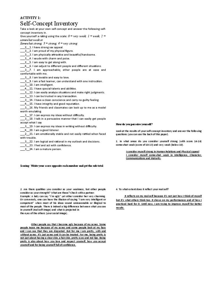 Self-Concept Inventory: Activity 1 | PDF | Identity (Social Science ...