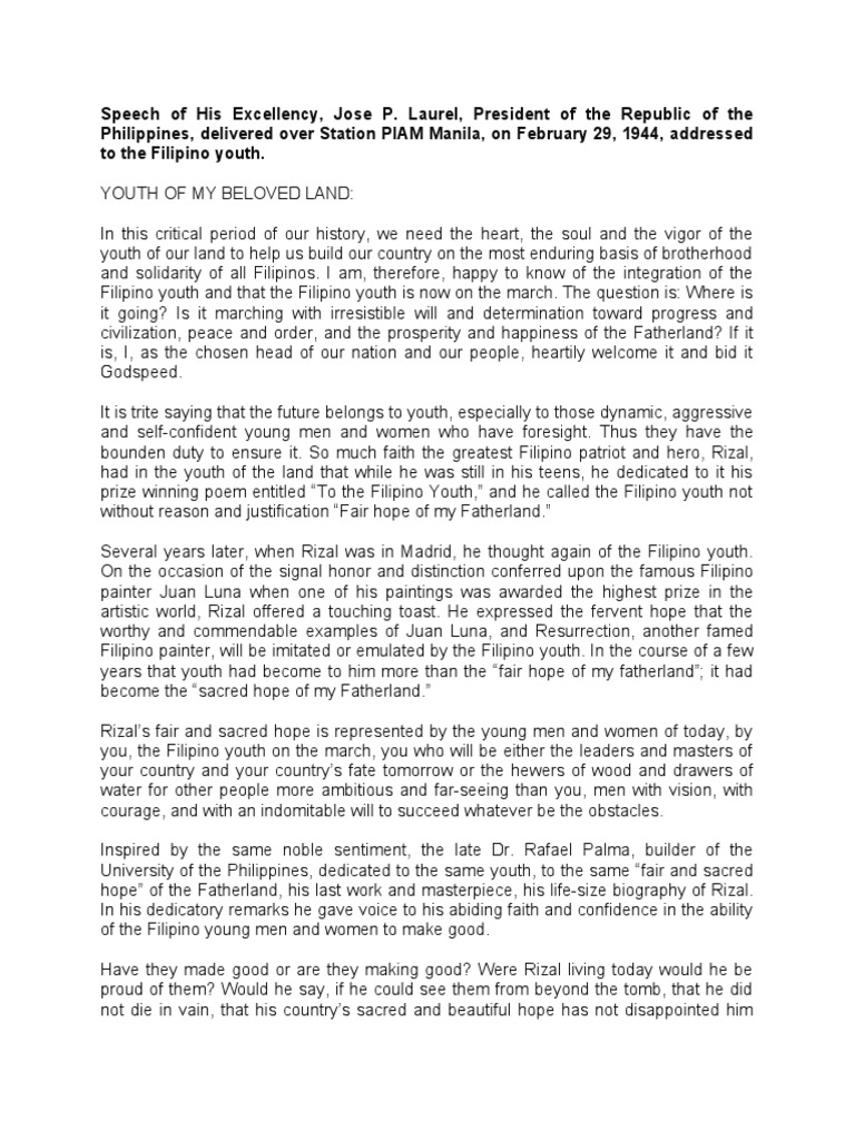 Speech of His Excellency Jose P. Laurel | PDF | Philippines