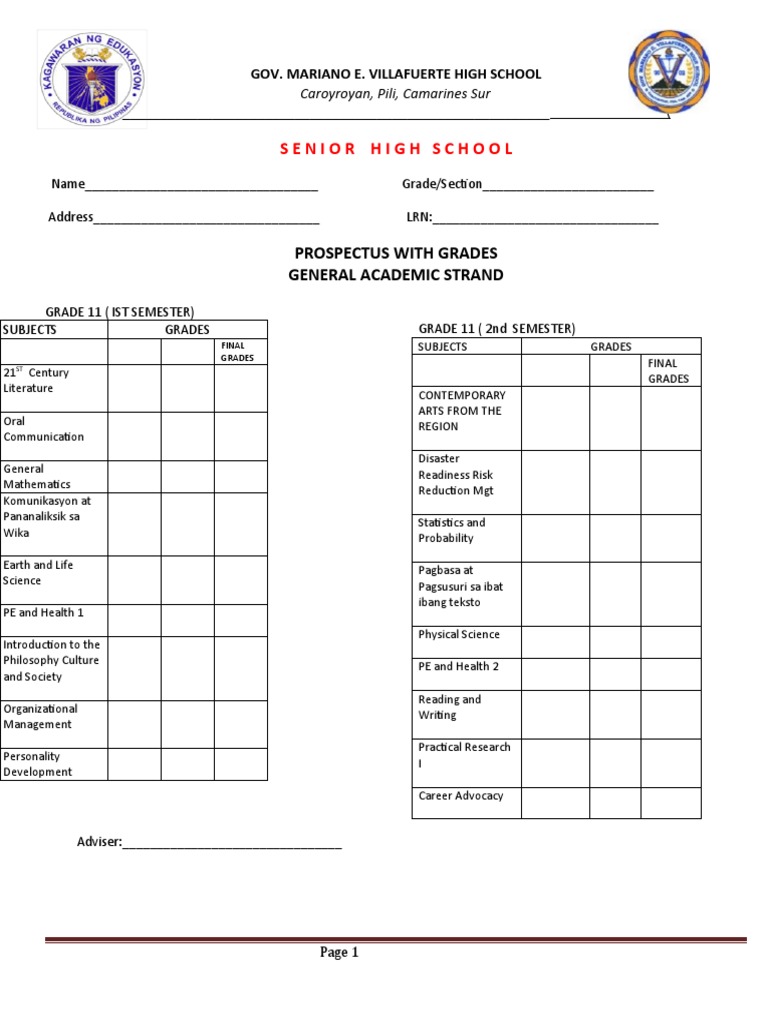Senior High School: Prospectus With Grades General Academic Strand ...