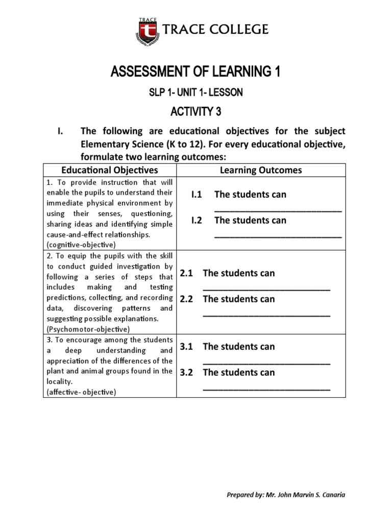 SLP 1 - Unit 1 - Lesson 1 - Activity 3 (Assessment of Learning 1) | PDF | Career & Growth | Self ...