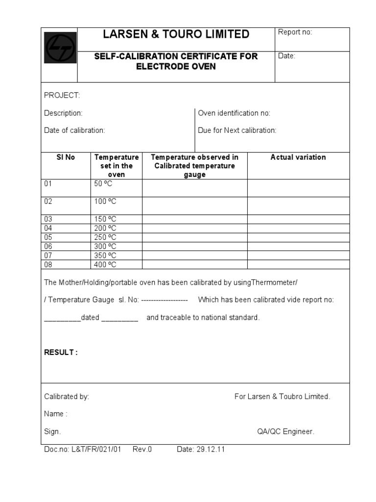 Electrode Oven Self-Calibration Report | PDF