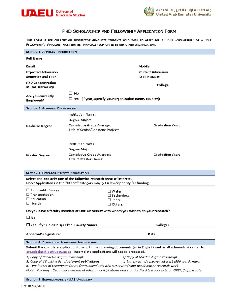 PhD Scholarship Application Form | PDF | Doctor Of Philosophy ...