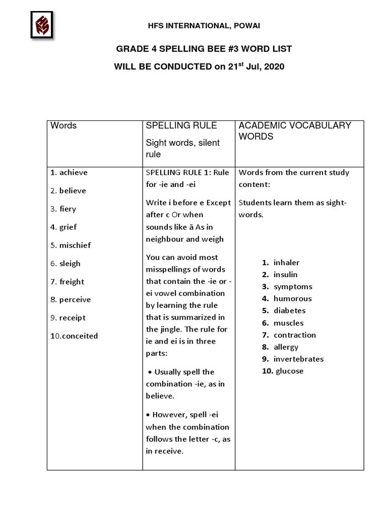 Grade 4 Spelling Bee Word List | PDF