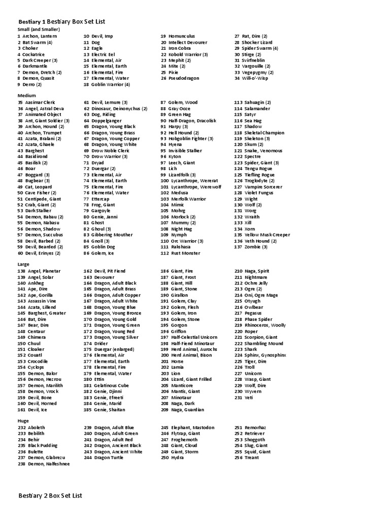 Bestiary 1 and 2 Pawns Set List | PDF | Legendary Creatures | Nature