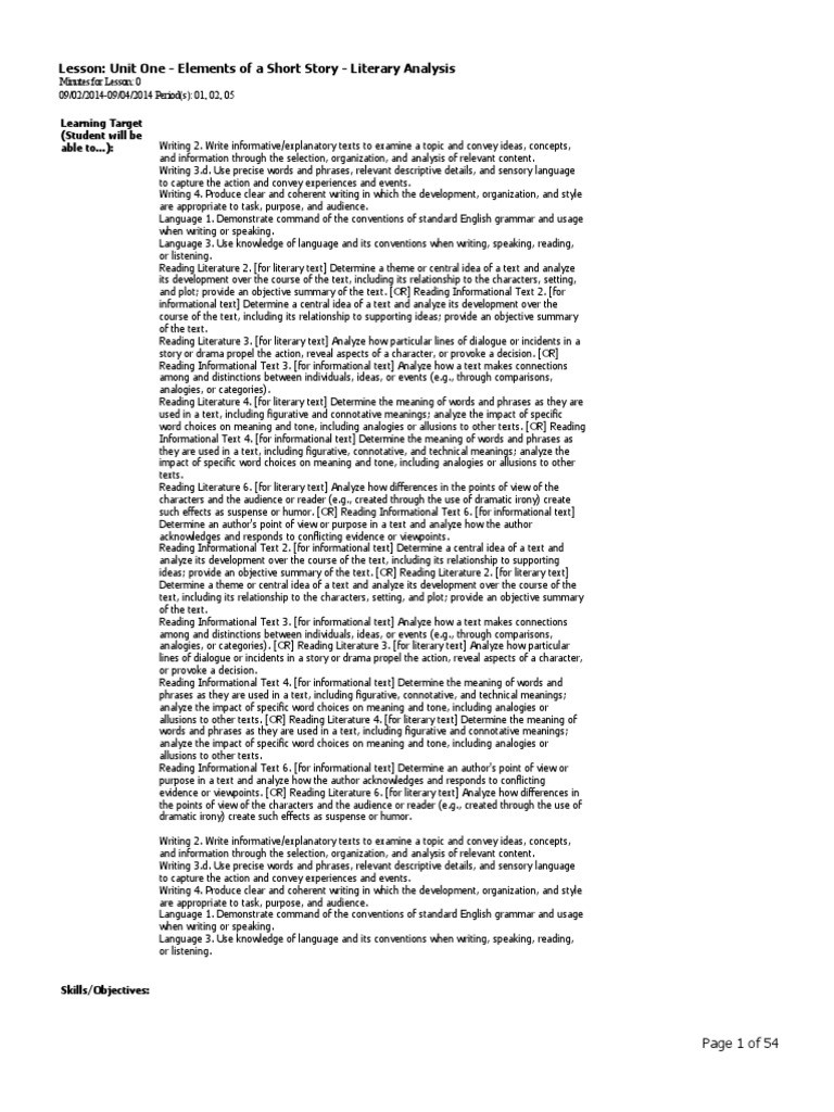 Lesson: Unit One - Elements of A Short Story - Literary Analysis ...