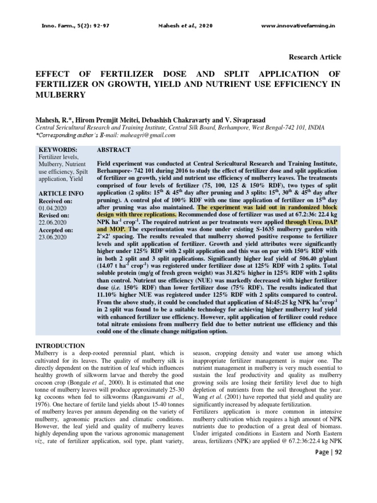 Mulberry Fertilizer Split Application Study | PDF | Fertilizer | Soil ...
