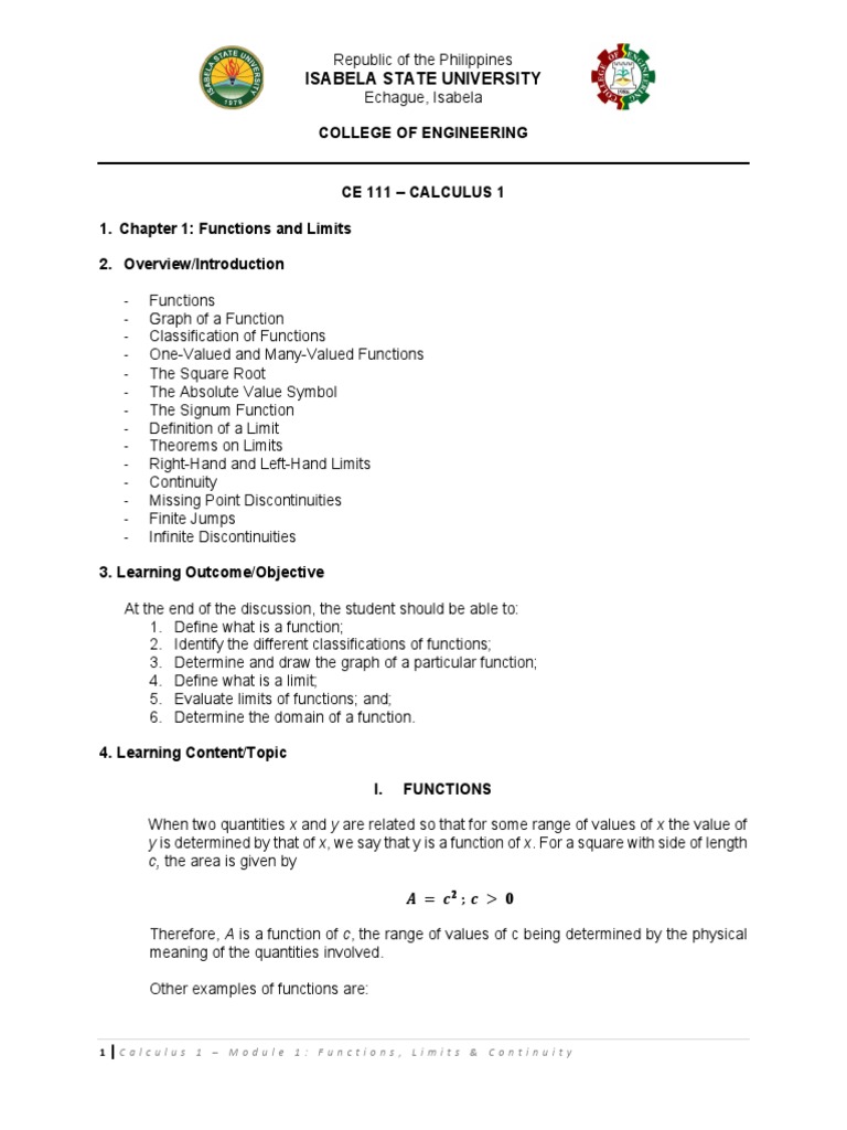 Diff. Calc. Module 1 Functions - Limits.Continuity | PDF | Continuous Function | Function ...