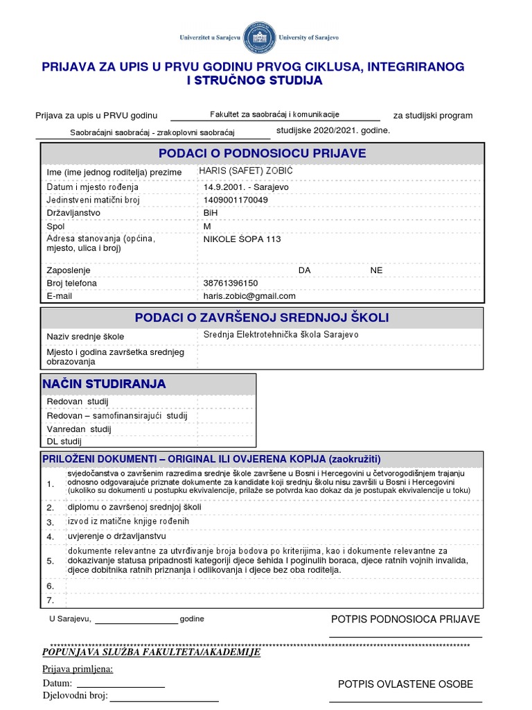 Prijava Za Upis 3229 45 | PDF