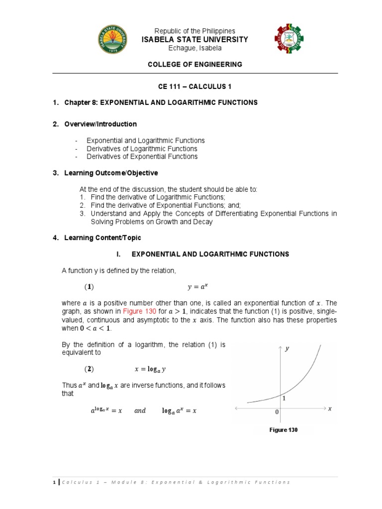 Diff Calc Module 8 Exponential And Logarithmic Functions Pdf Logarithm Exponential Function 