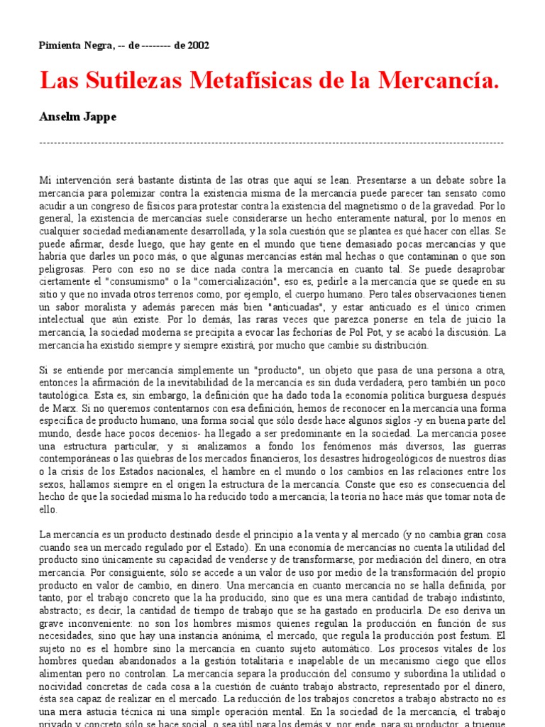 Jappe, Anselm - Las Sutilezas Metafisicas de La Mercancia Anselm Jappe ...