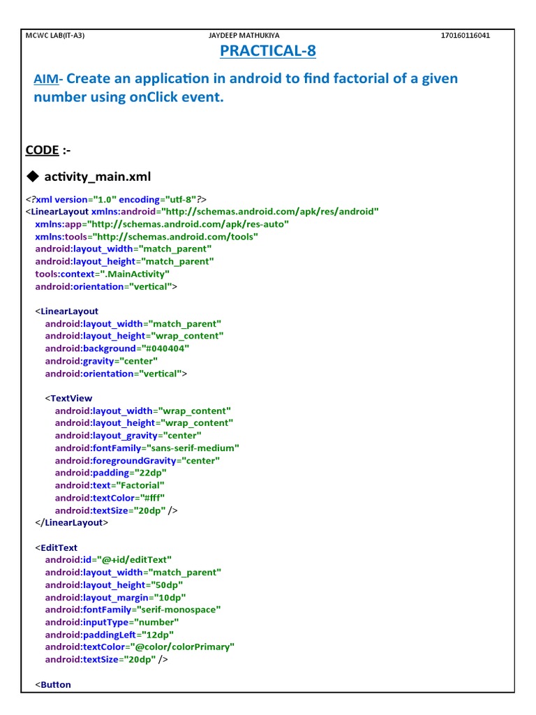 Practical-8: Create An Application in Android To Find Factorial of A Given Number Using Onclick ...