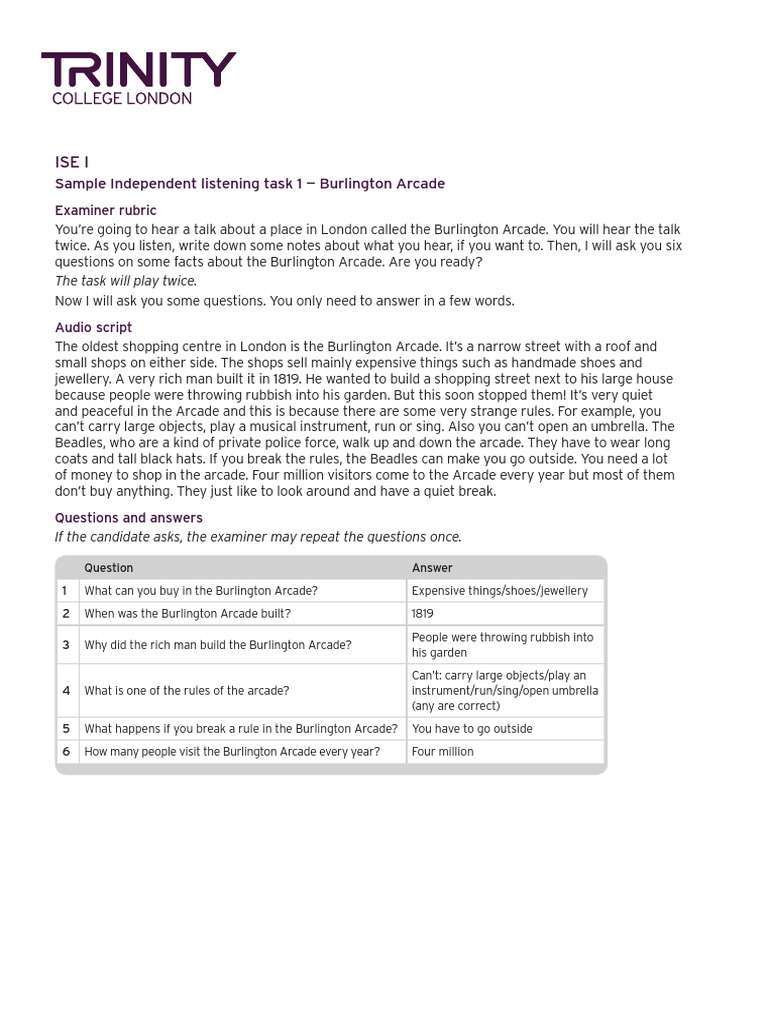 ISE I Task 1 Burlington Arcade Rubric and Answers PDF | PDF
