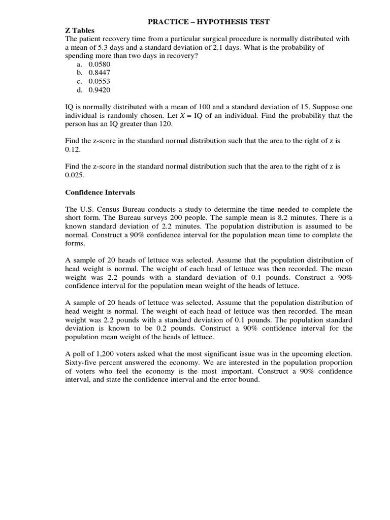 Practice - Hypothesis Test Z Tables | PDF | Standard Deviation ...