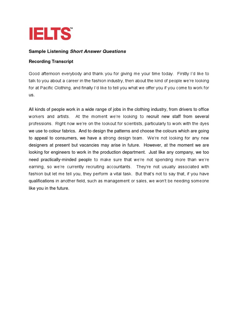 Sample Listening Short Answer Questions Recording Transcript | PDF