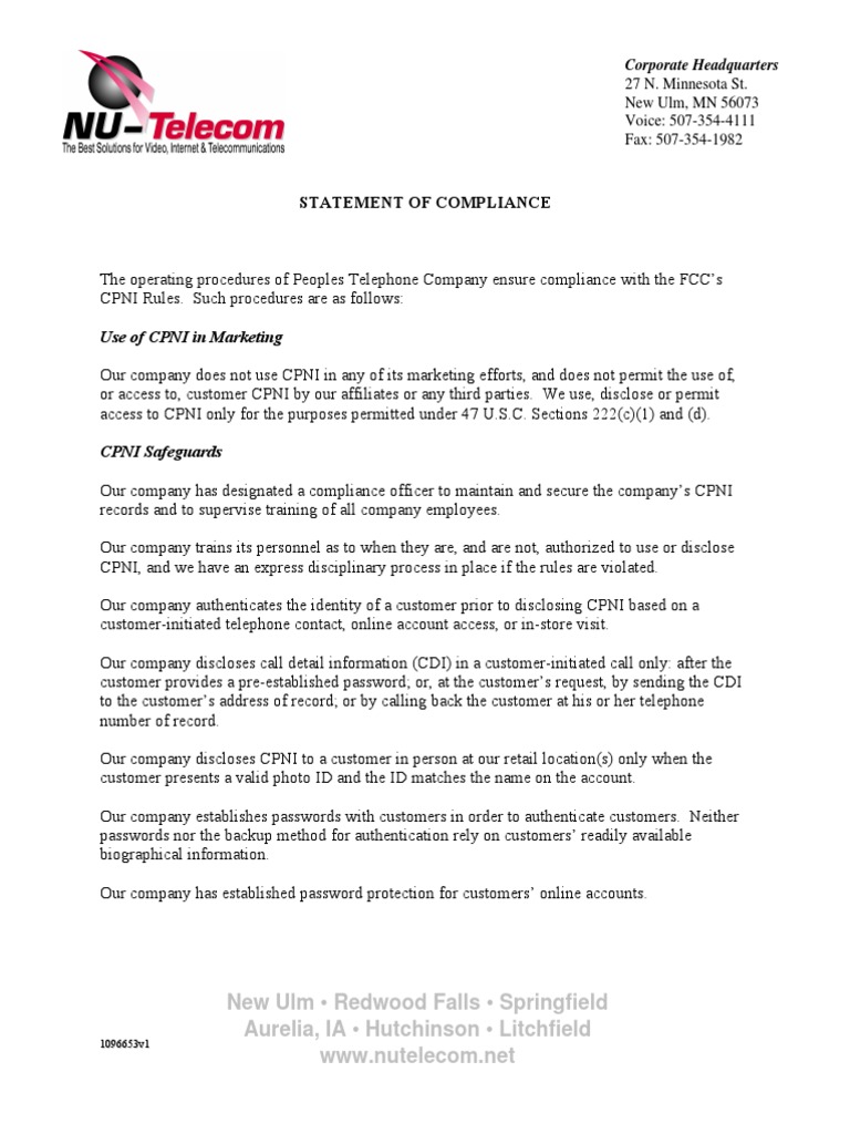 CPNI Compliance Procedures Overview | PDF