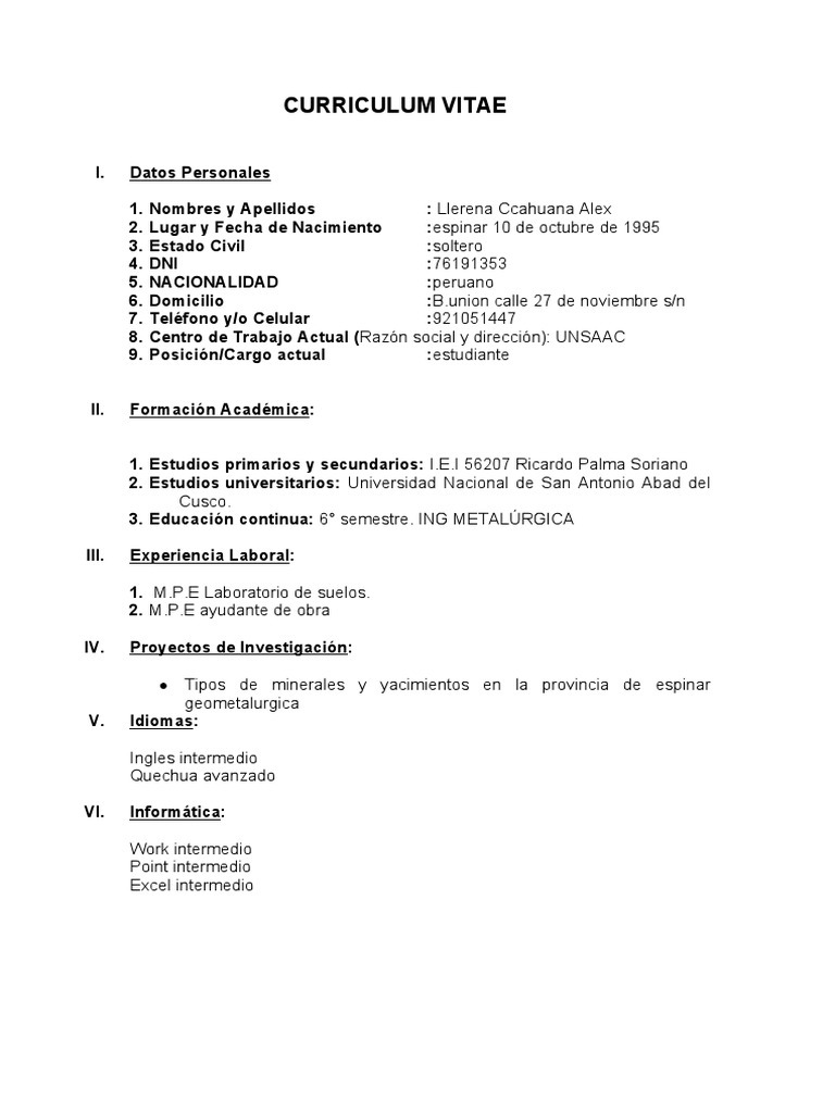 Idiomas en Curriculum Vitae de Llerena Ccahuana | PDF | Estudios de ...