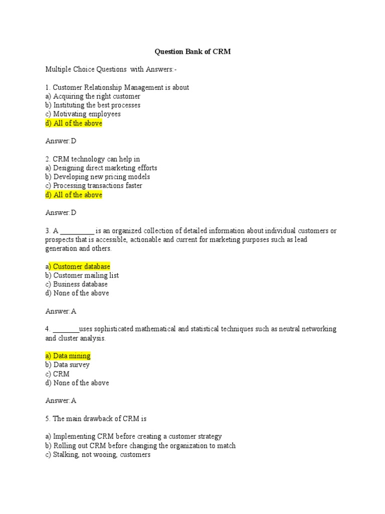 MCQ's (CRM) | PDF | Customer Relationship Management | Marketing