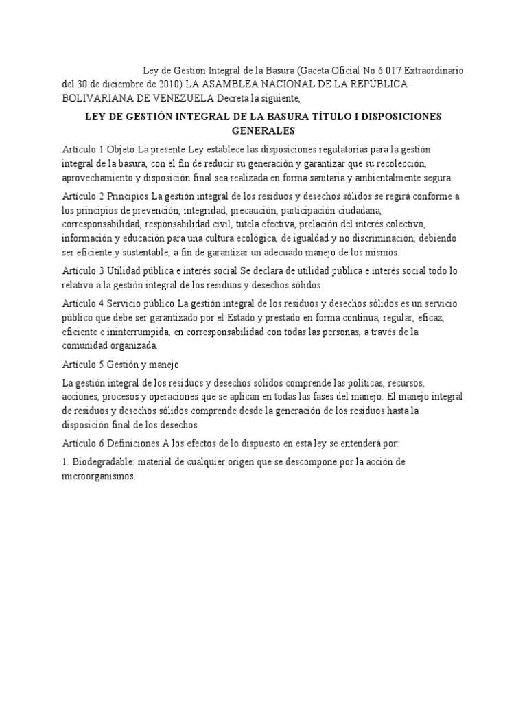 Ley de Gestion Integral de La Basura PDF | PDF | Gestión de residuos | Residuos