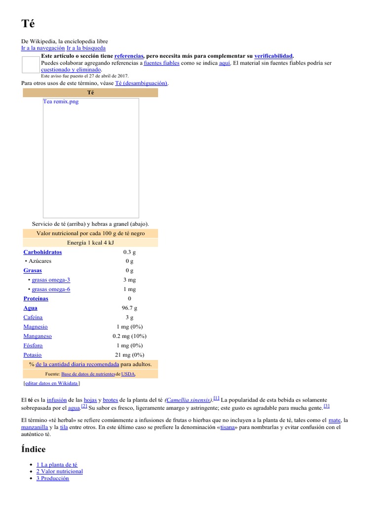 Té - Wikipedia, La Enciclopedia Libre PDF | PDF | Té | Bebidas calientes