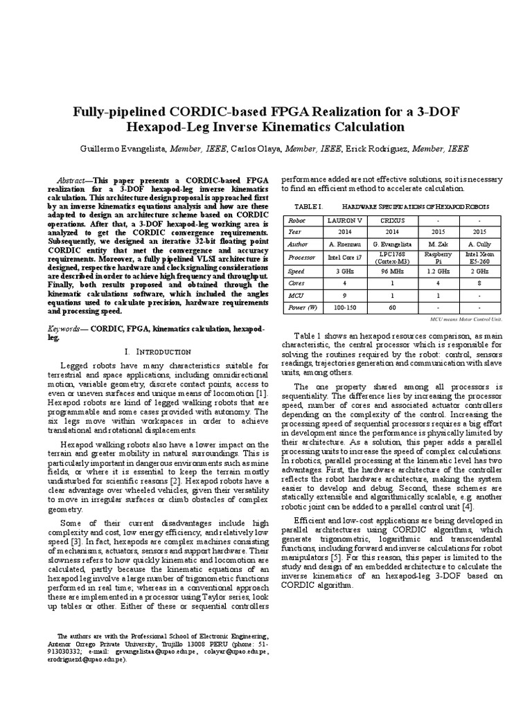 Fully-Pipelined CORDIC-based FPGA Realization For A 3-DOF Hexapod-Leg Inverse Kinematics ...