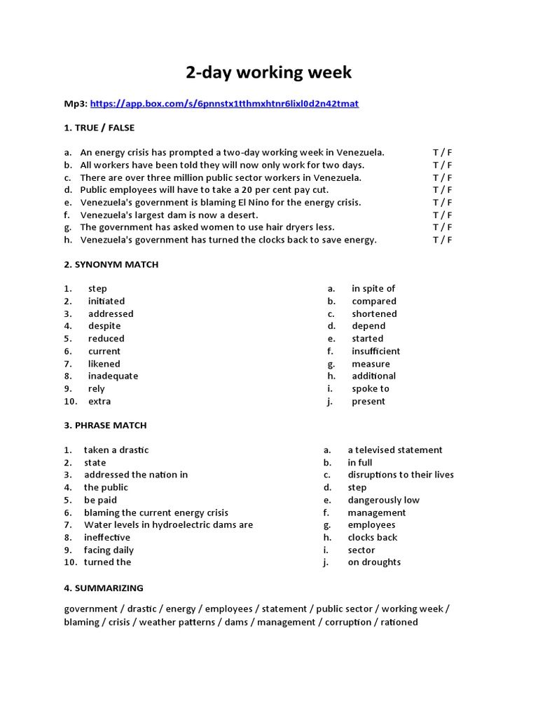 2-Day Working Week: Mp3: 1. True / False | PDF | Venezuela | Energy And ...