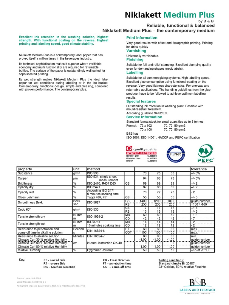 TDS - Paper WS - Niklakett - Medium - Plus | PDF | Adhesive | Ink