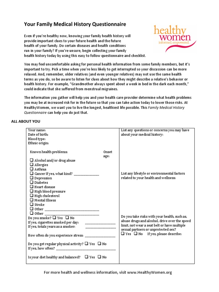 Your Family Medical History Questionnaire: All About You | Download ...