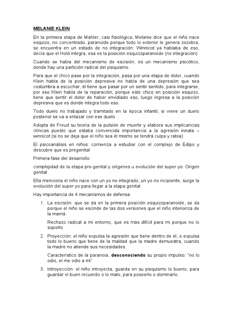 Posiciones Melanie Klein | PDF | Complejo de Edipo | Psicoanálisis