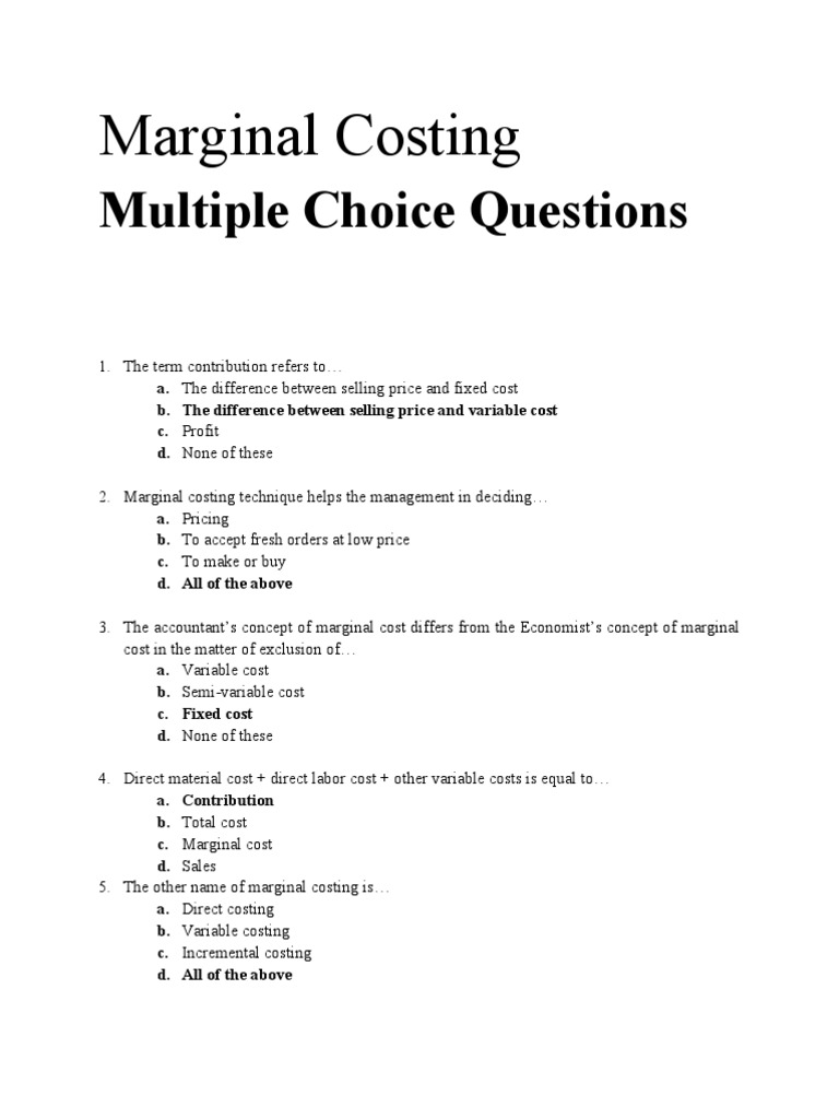 Multiple Choice Questions: Marginal Costing | PDF | Management ...