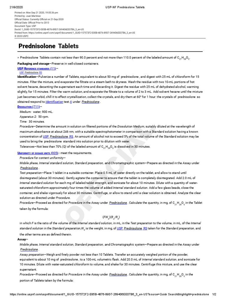 USP-NF Prednisolone Tablets PDF | PDF | Solution | Tablet (Pharmacy)