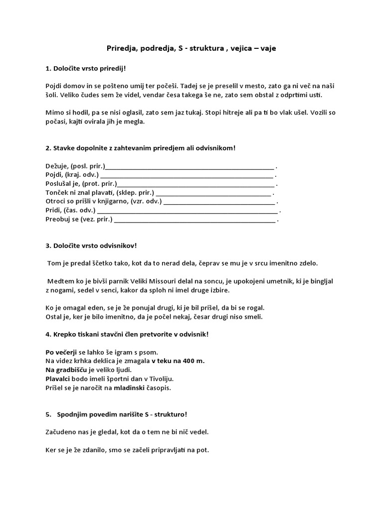 Vaje Podredja, Priredja, S-Struktura, Vejica | PDF