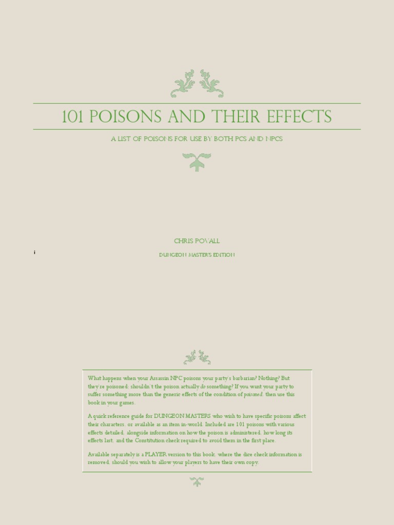 101 Poisons and Their Effects: A List of Poisons For Use by Both Pcs ...