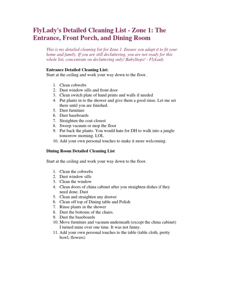 Detailed Cleaning Lists | PDF | Bedroom | Bathroom