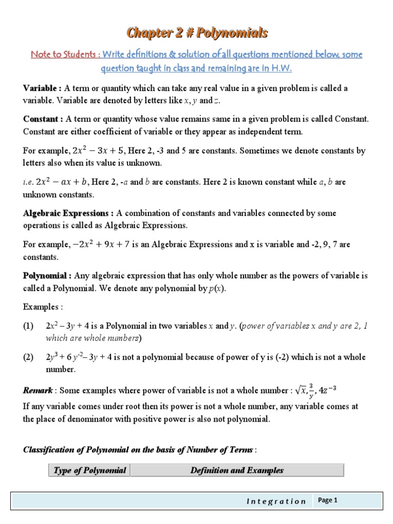 Class IX - Polynomials - Assignment - Type - I | PDF | Variable (Mathematics) | Polynomial
