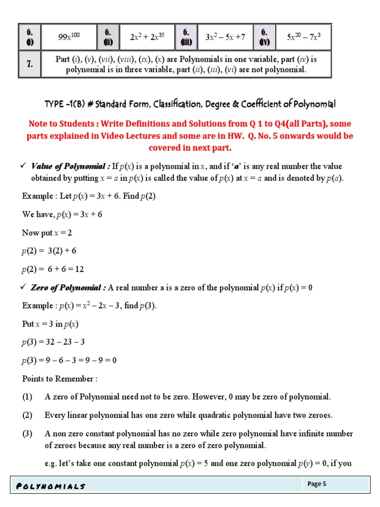 Class IX - Polynomials - Assignment - Type 2 - Part I | PDF | Polynomial | Computational Science