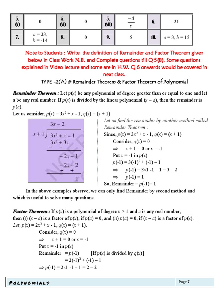 Class IX - Polynomials - Assignment - Type - 2 (A) - Part I | PDF | Factorization | Polynomial