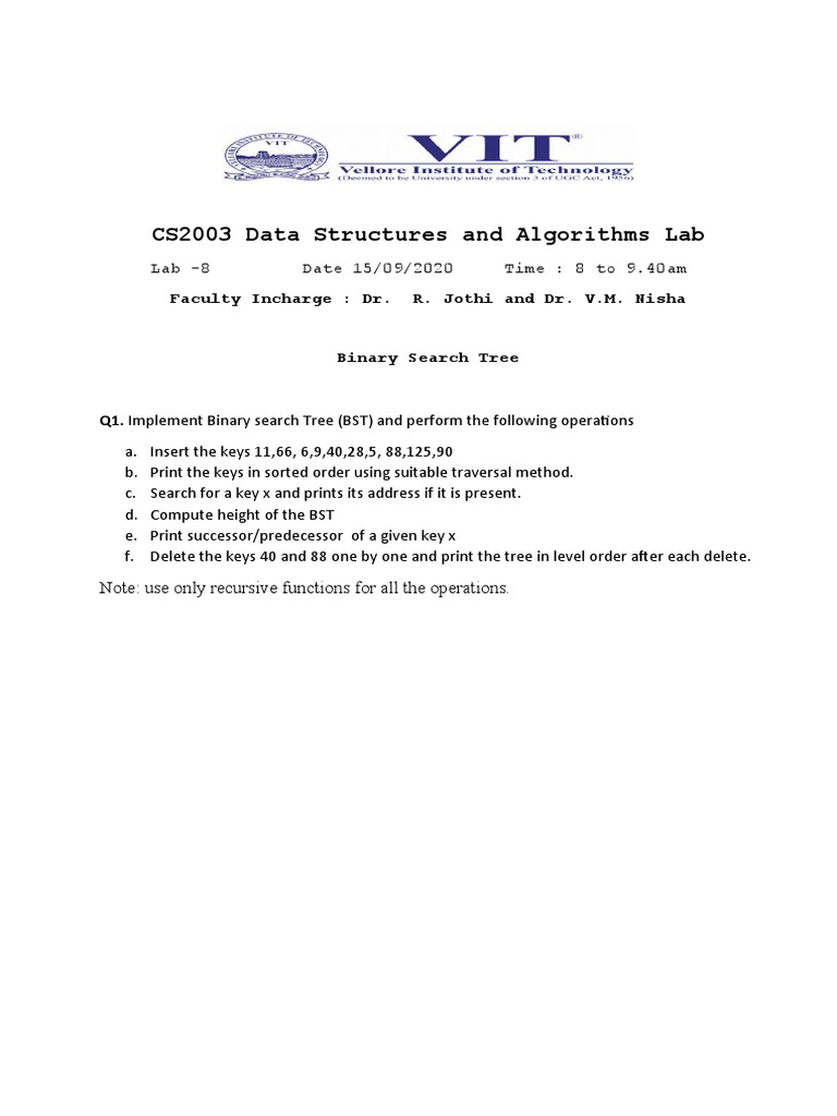 CS2003 DS Lab-9 Binary Search Tree | PDF