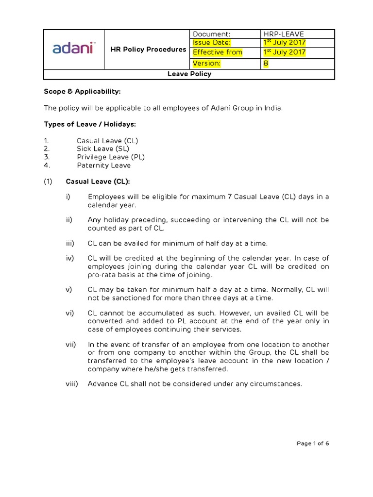 Leave Policy - 2017 | PDF | Parental Leave | Sick Leave