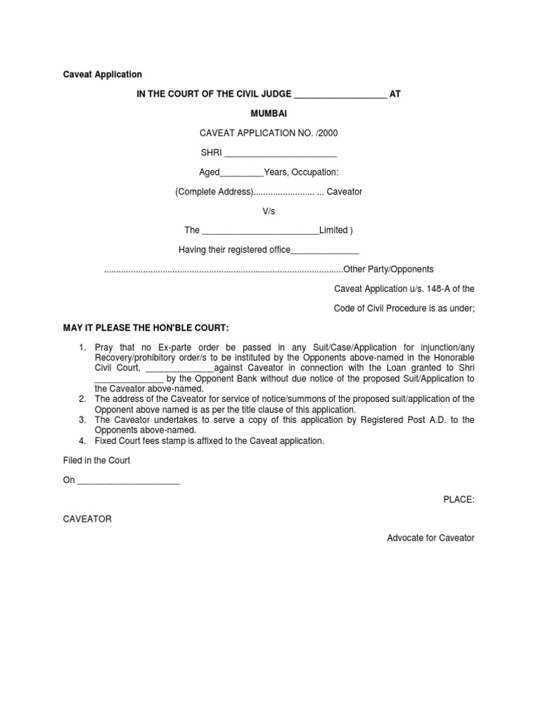 Caveat Application IN THE COURT OF THE CIVIL JUDGE - AT Mumbai | PDF
