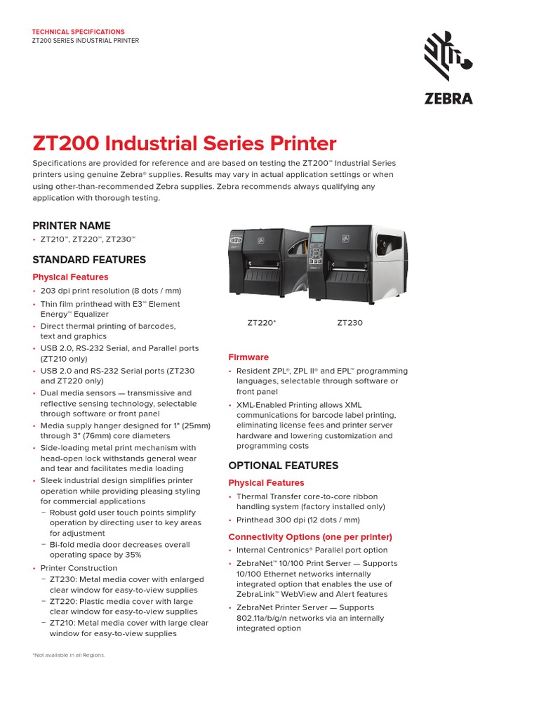 ZT200 Industrial Series Printer: Printer Name Standard Features | PDF ...