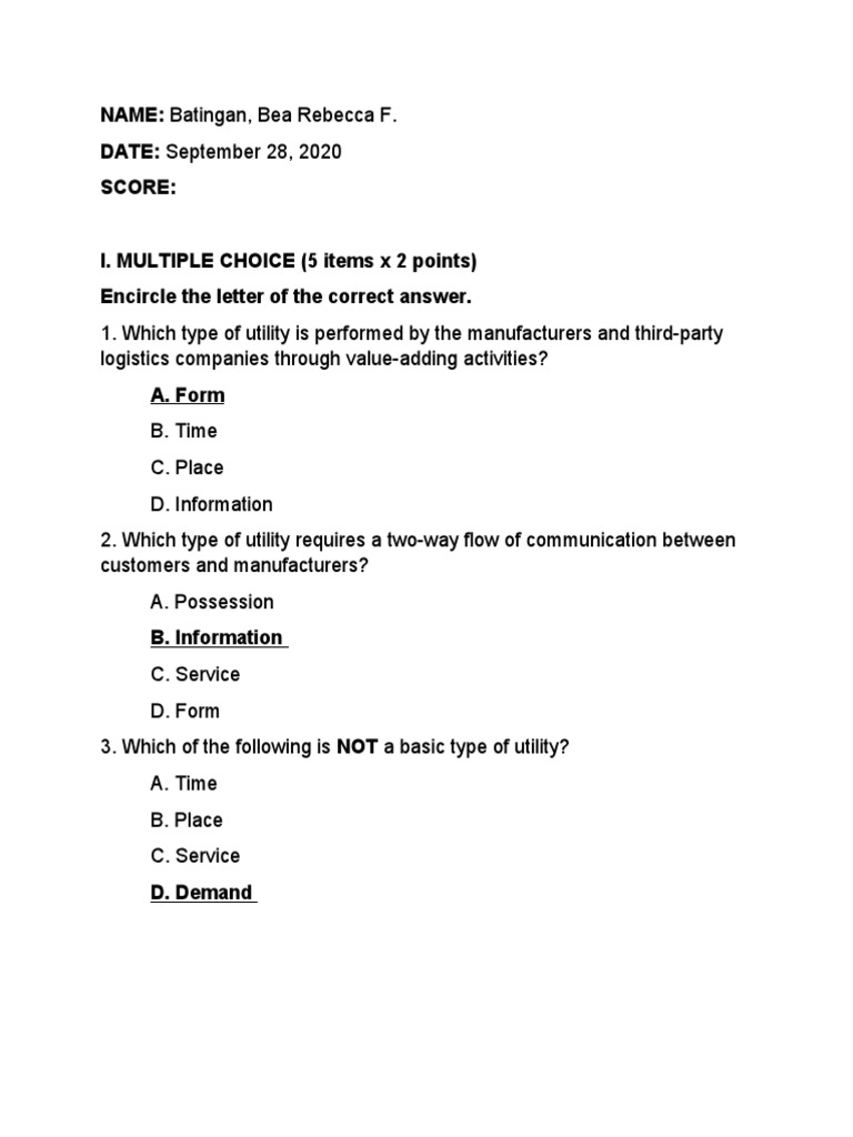 02 Quiz 1.logisticsmanagement. | PDF