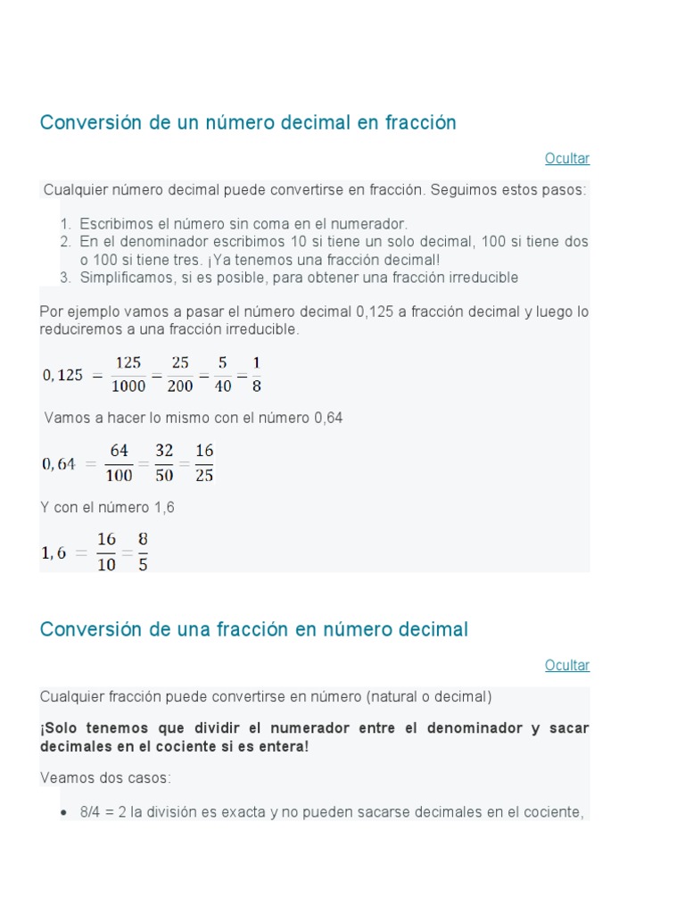 Conversión de Decimales a Fracciones | PDF | Métodos y materiales de ...