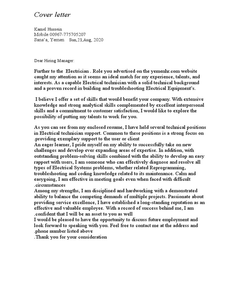 Cover Letter: Mobile.00967-775705207 Sana'a, Yemen, 2020 | PDF