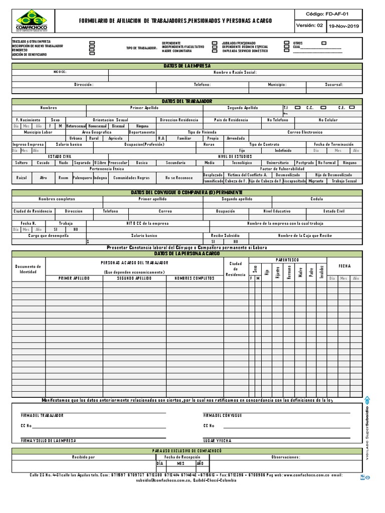 Formulario - Subsidio COMFACHOCO PDF | PDF | Labor
