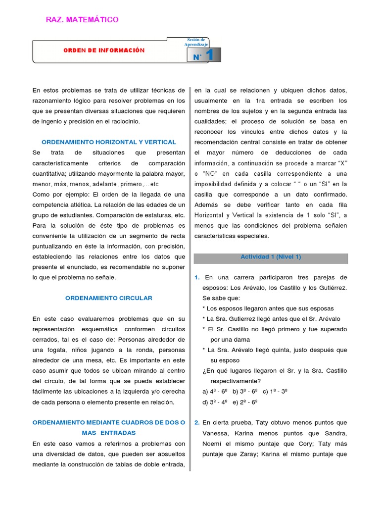 Razonamiento lógico: Ordenamiento de información mediante tablas, líneas y círculos | PDF ...
