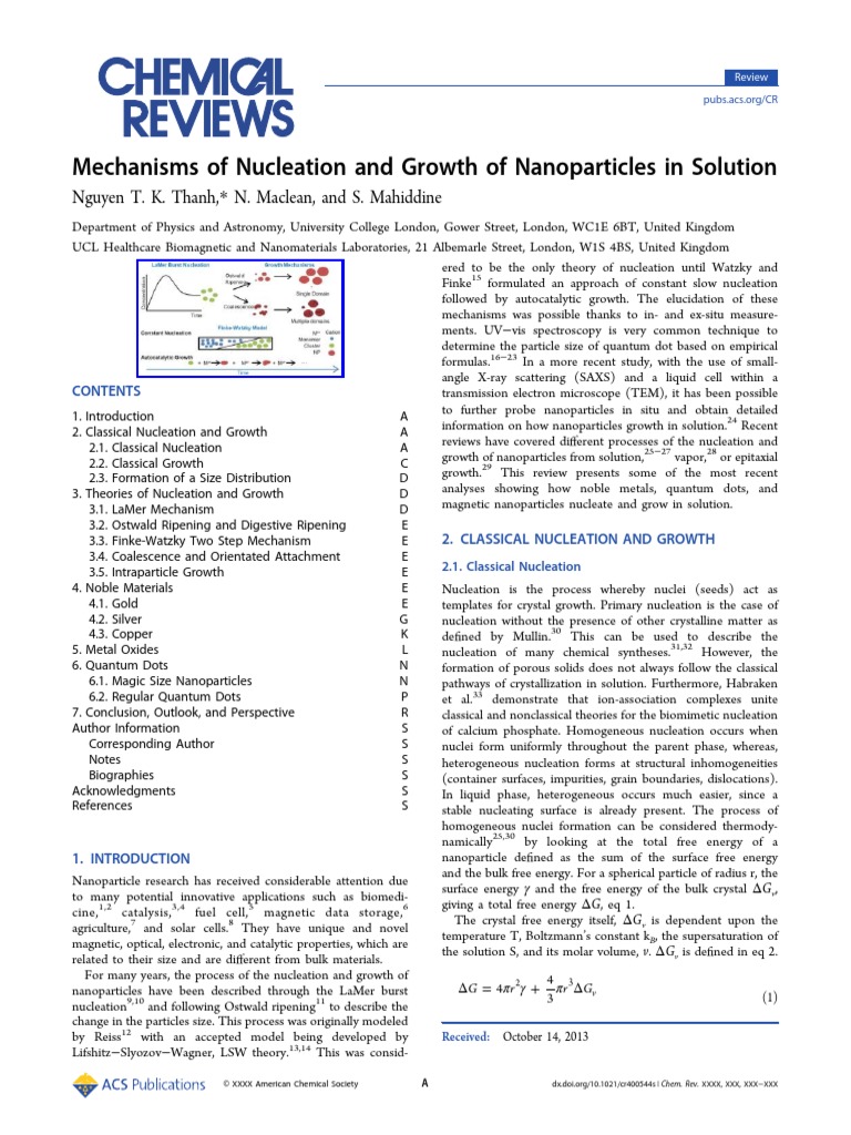 Mechanisms of Nucleation and Growth of Nanoparticles in Solution | PDF ...