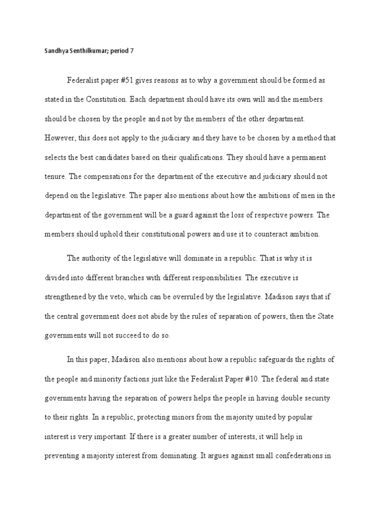 Federalist 51: Checks and Balances | PDF | Separation Of Powers Under ...