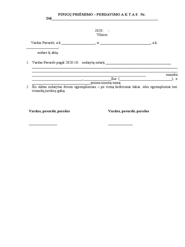 Pinigu Priėmimo-Perdavimo Aktas 2020 | PDF