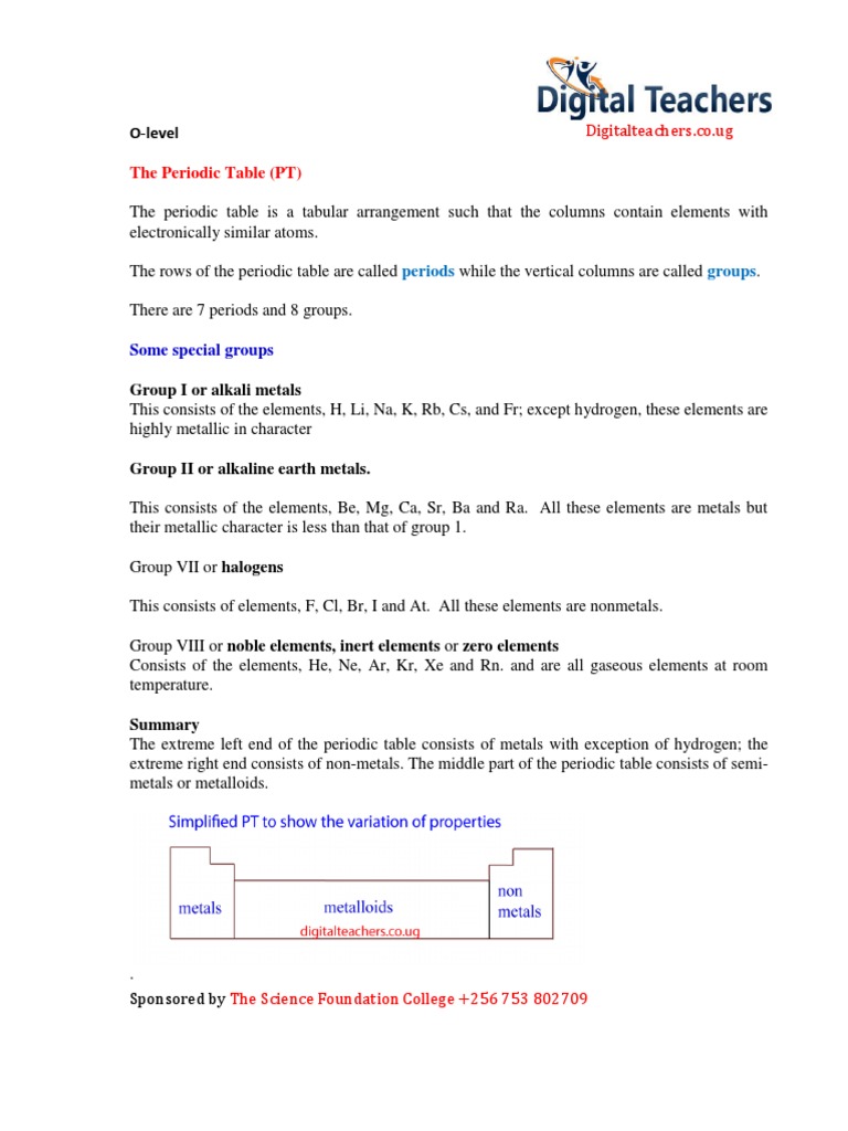 The Periodic Table (PT) : O-Level | PDF | Chemical Bond | Ion