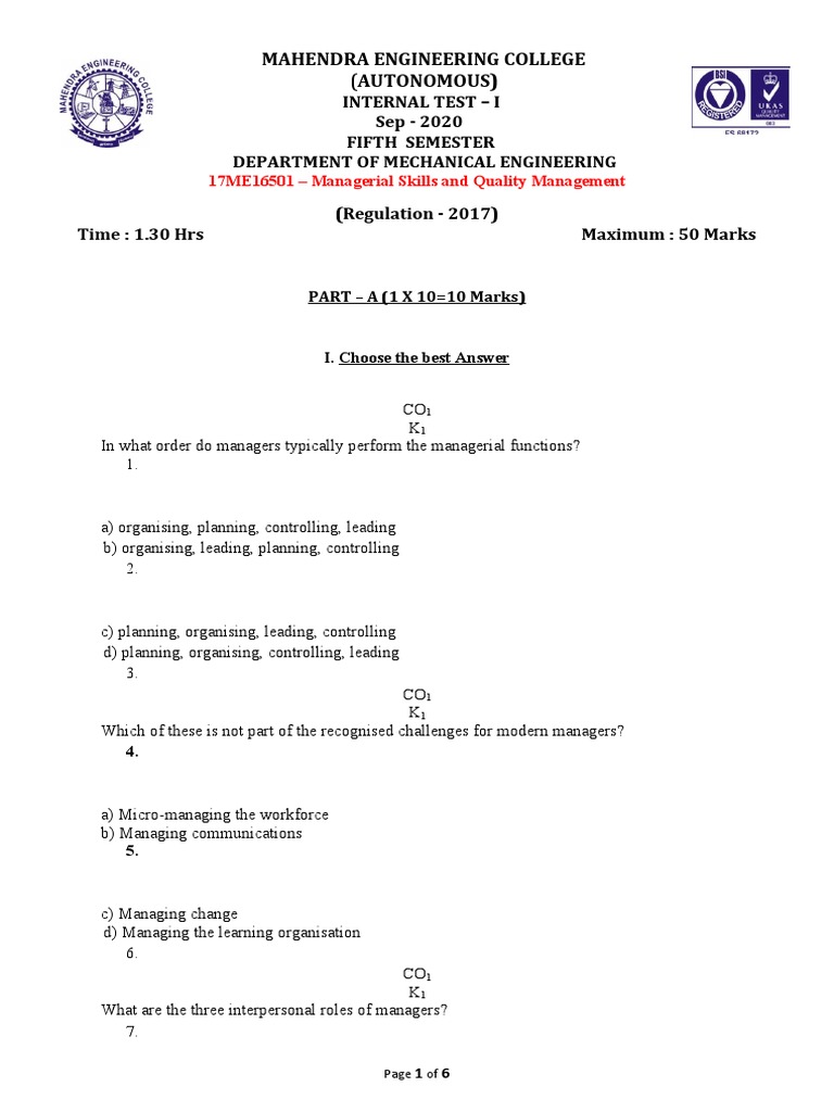 Internal Test I msqm-26-09-2020 Question Paper | PDF | Human Resource ...